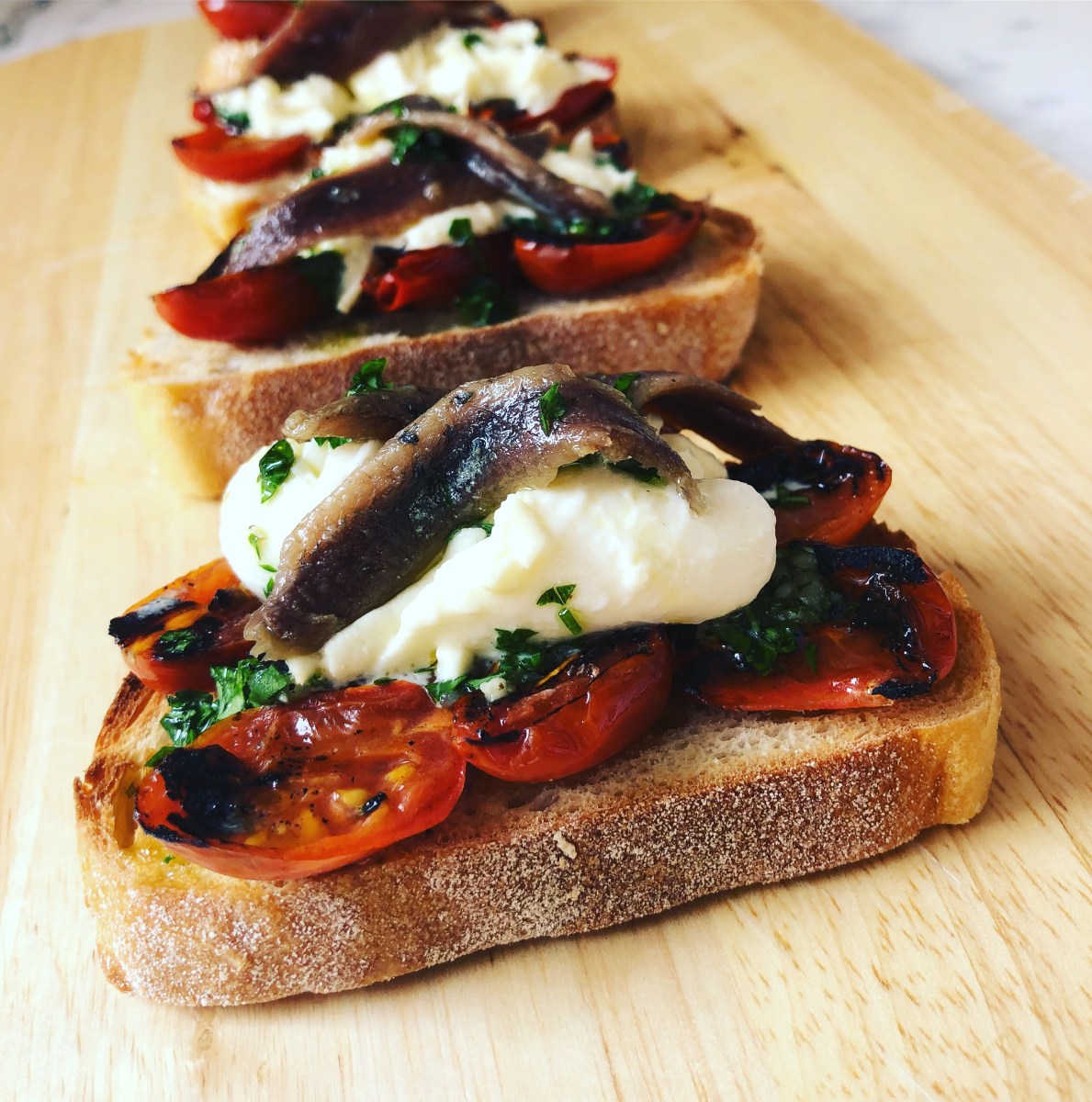 Burnt tomato, Burrata Mozzarella & Anchovy Bruscetta – Perth to Paris ...